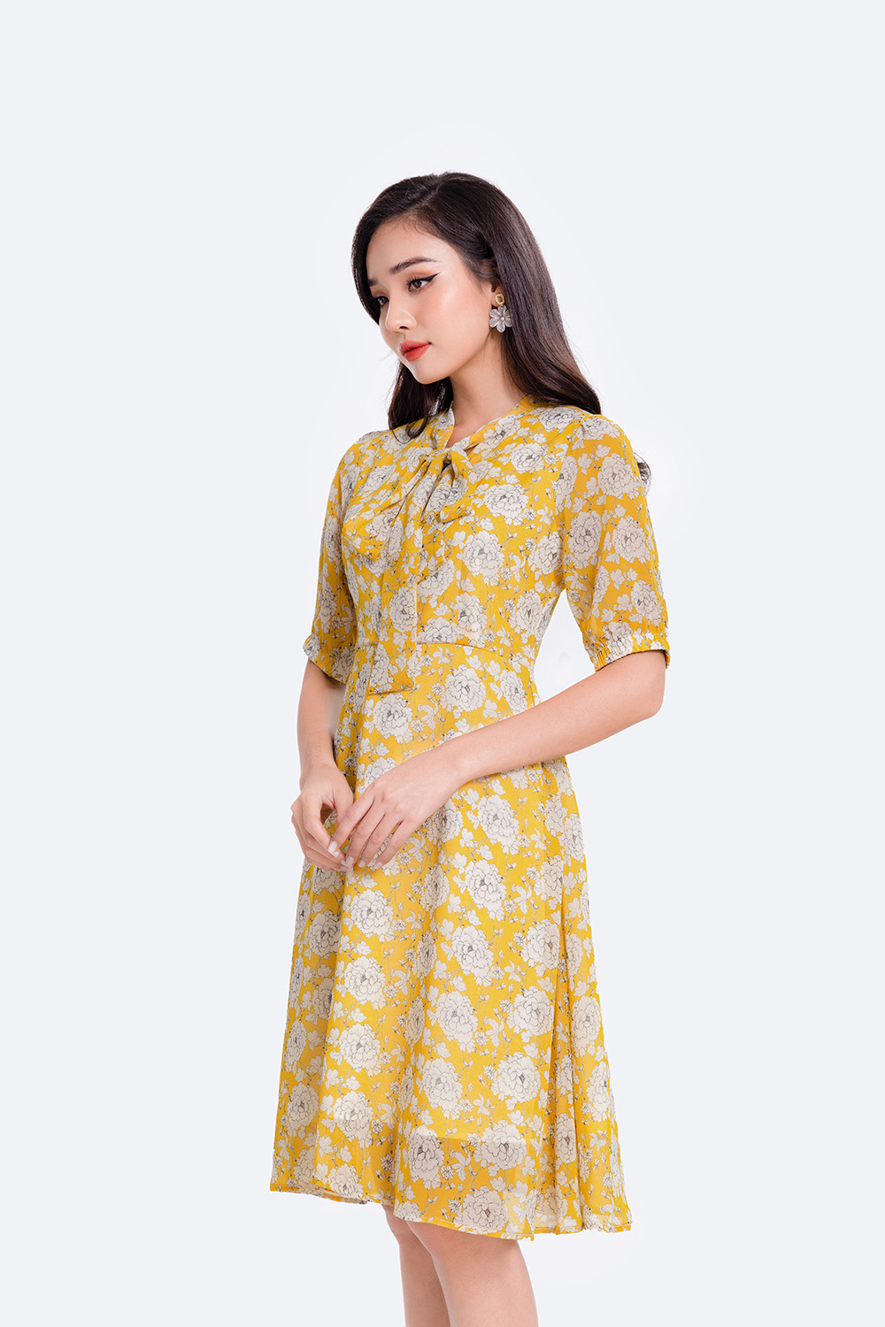 Đầm xòe hoa công sở cổ phối nơ KK117-06 | Thời trang công sở K&K Fashion