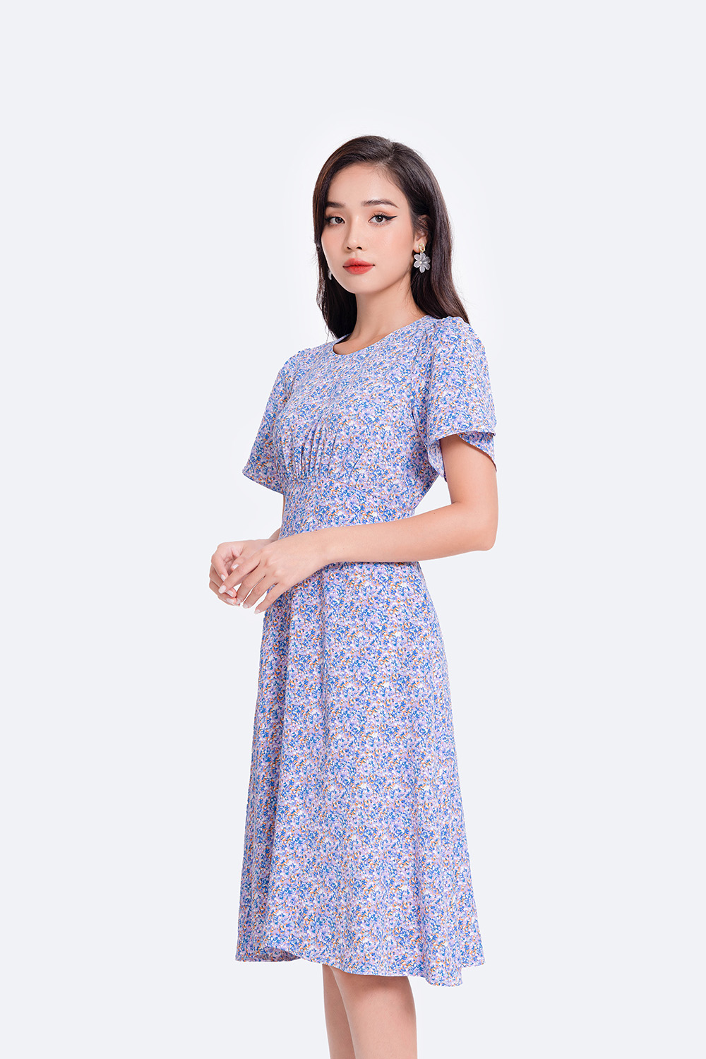Đầm xòe họa tiết nhấn eo cổ tròn KK117-33 | Thời trang công sở K&K Fashion