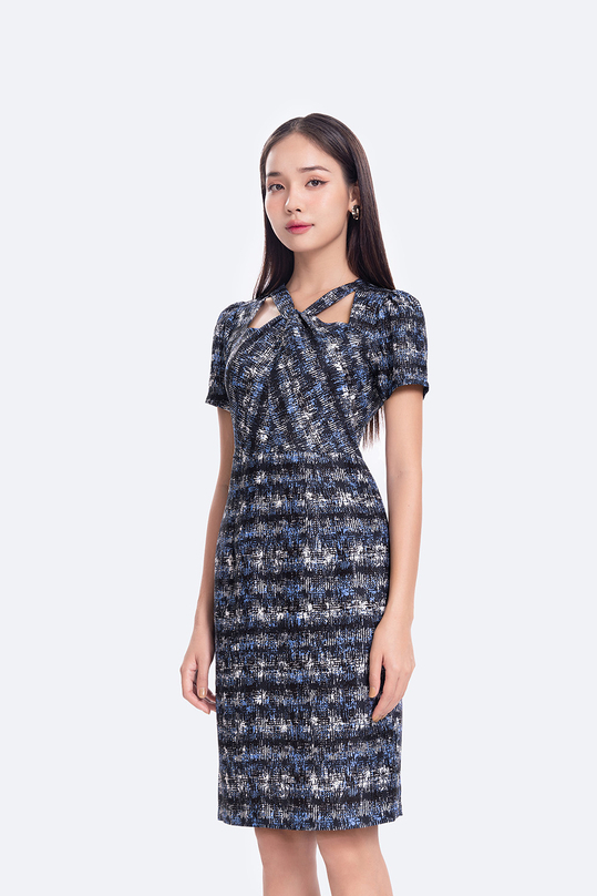 Đầm ôm công sở họa tiết cổ cut-out KK117-28 | Thời trang công sở K&K Fashion