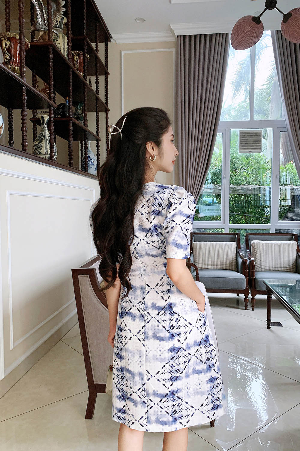 Đầm chữ A họa tiết công sở nữ cổ tròn KK117-30 | Thời trang công sở K&K Fashion