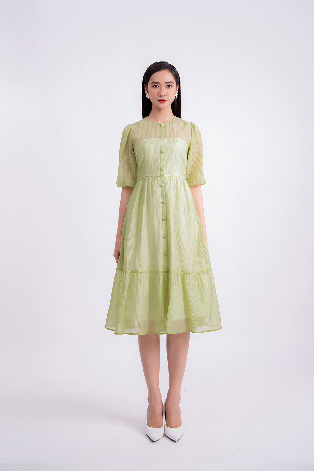 Đầm xòe đuôi cá tay lỡ phối nút HL23-10 | Thời trang công sở K&K Fashion