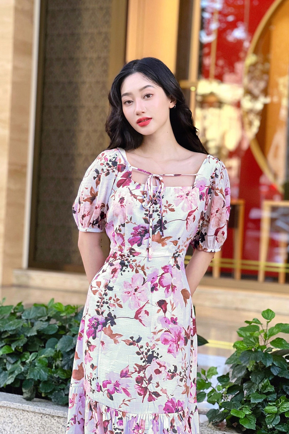 Đầm hoa đuôi cá cổ vuông phối nơ KK117-36 | Thời trang công sở K&K Fashion