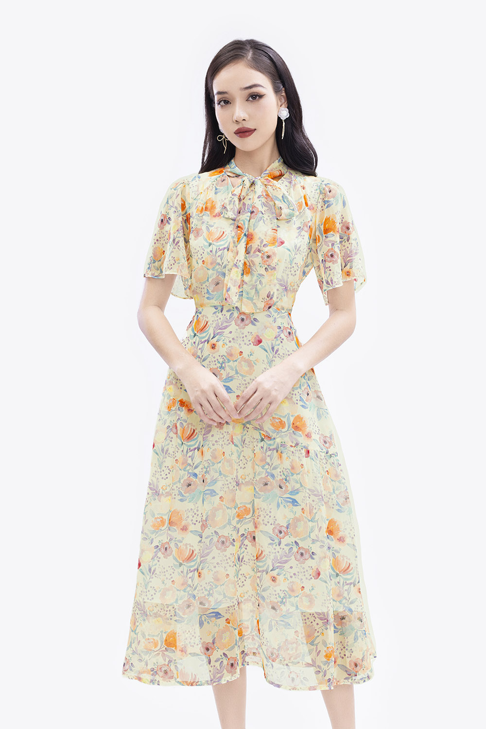 Đầm voan hoa dáng dài cổ phối nơ KK168-40 | Thời trang công sở K&K Fashion