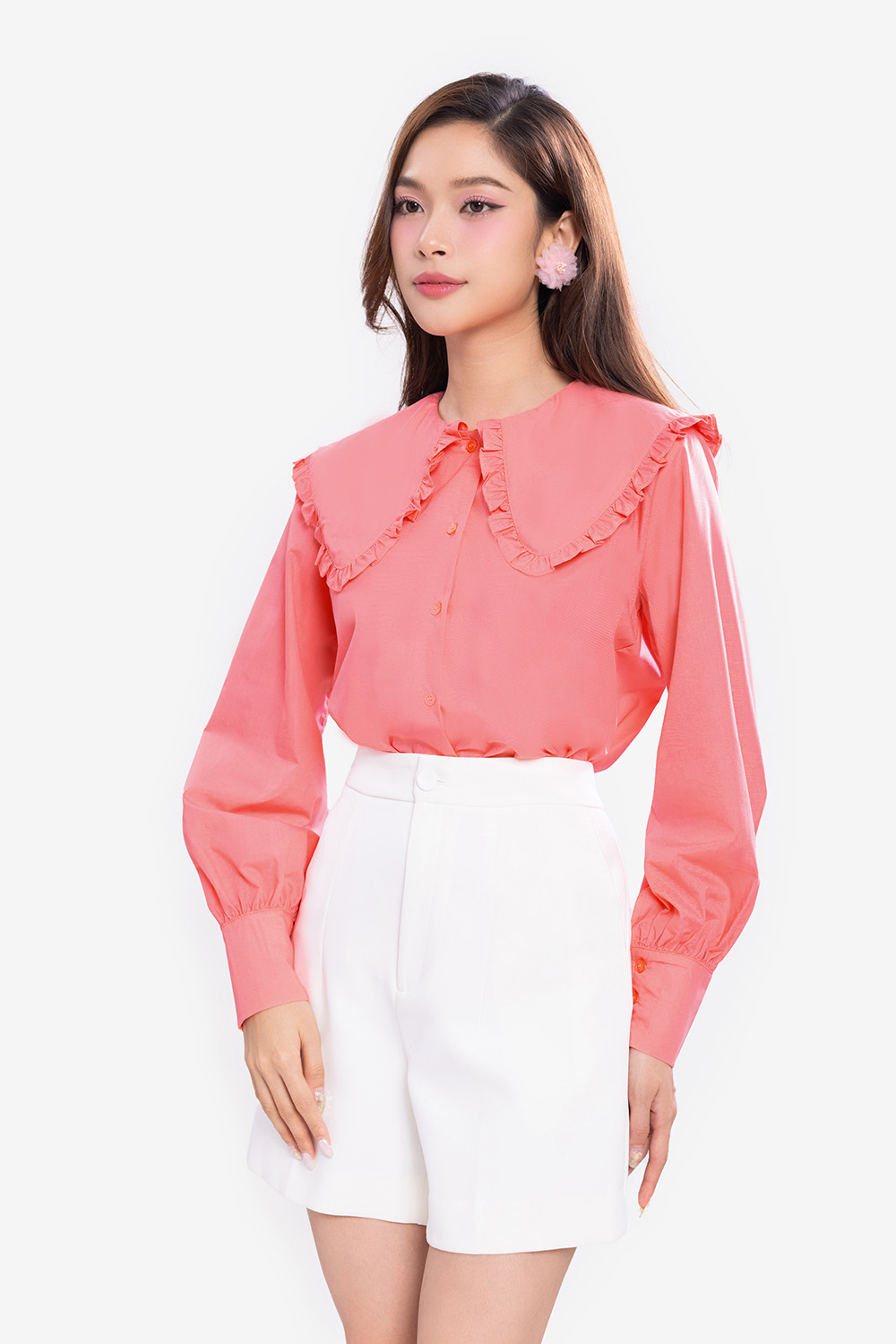 Áo sơ mi hồng cổ sen lớn viền bèo ASM19-06 | Thời trang công sở K&K Fashion