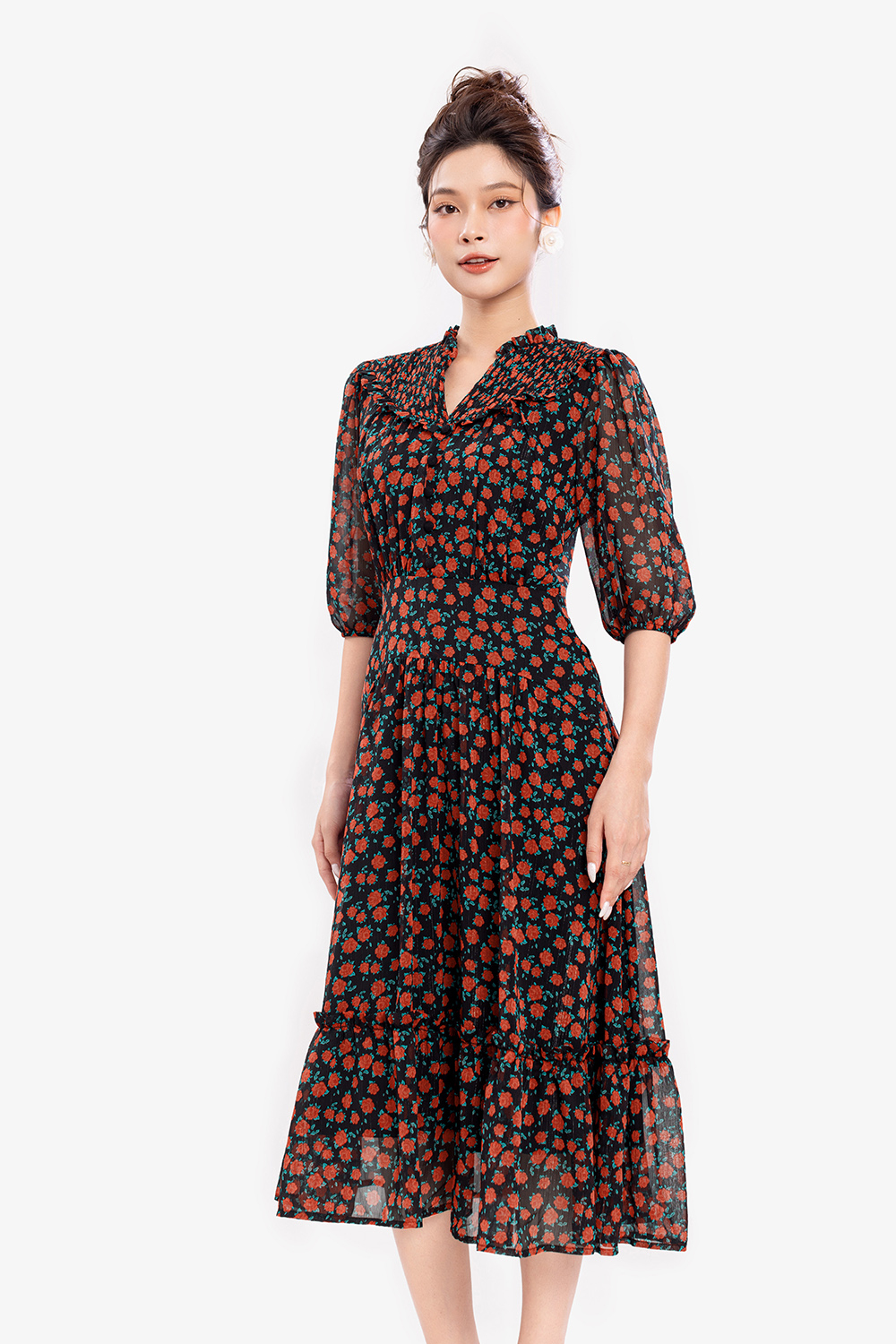 Đầm hoa xòe tay lửng cổ bèo HL28-28 | Thời trang công sở K&K Fashion