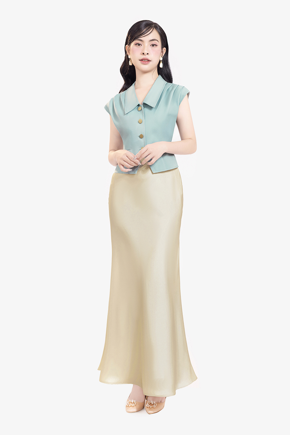 Chân váy ren trắng xếp ly dáng dài CV09-03 | Thời trang công sở K&K Fashion