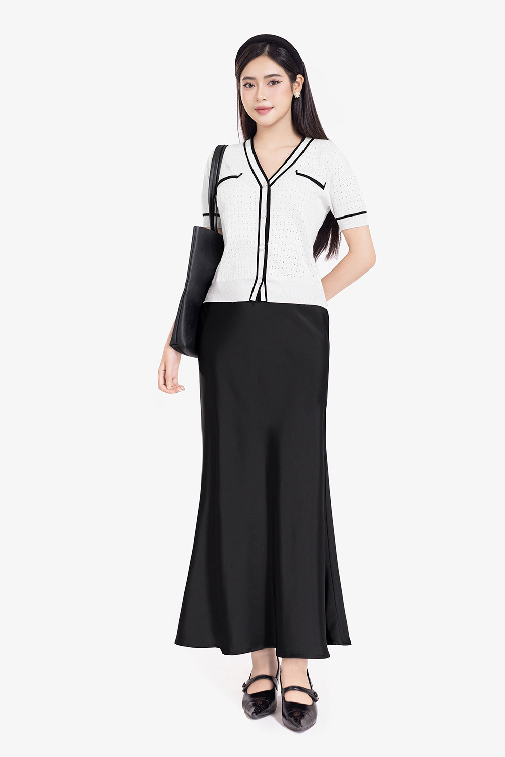 Áo cardigan dệt kim màu trắng viền đen ASM26-15 | Thời trang công sở K&K Fashion