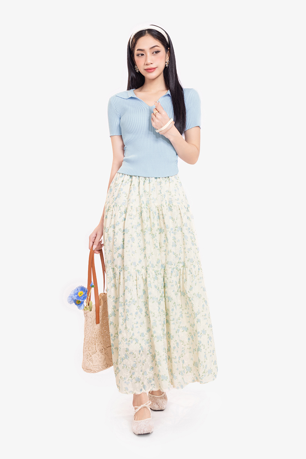 Áo len dệt kim cổ polo nhún eo màu xanh ASM26-24 | Thời trang công sở K&K Fashion