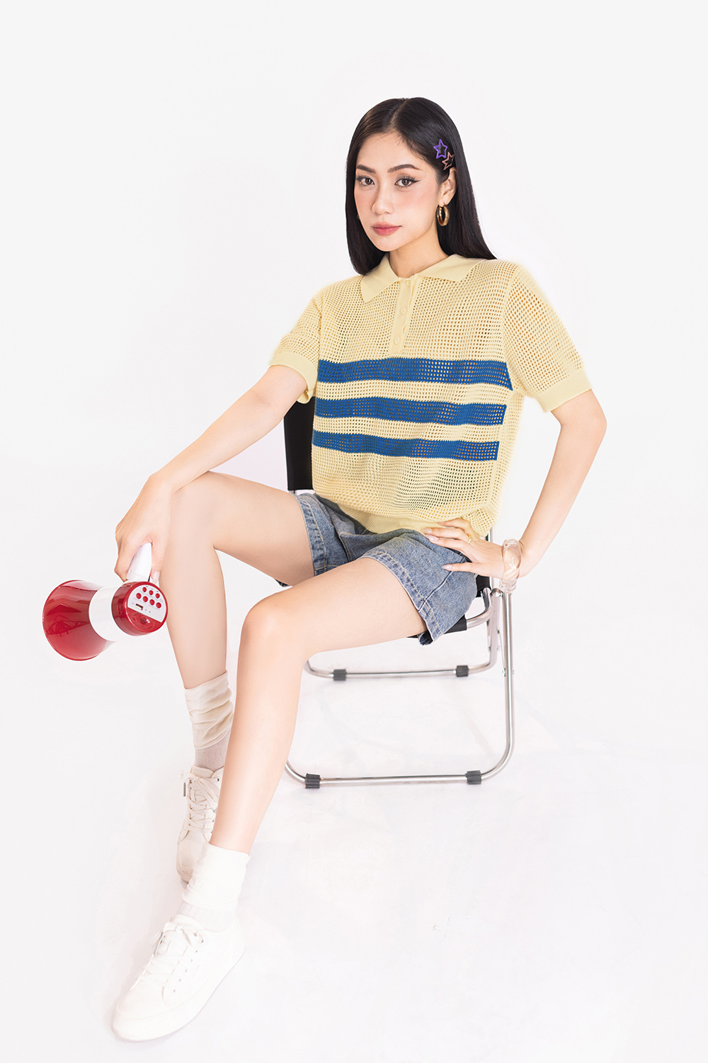 Áo polo nữ dệt kim sọc xanh ASM26-09 | Thời trang công sở K&K Fashion