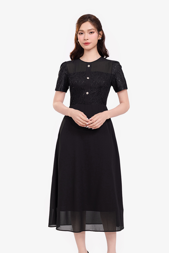 Đầm tơ in hoa dáng xòe phối nút HL34-25 | Thời trang công sở K&K Fashion